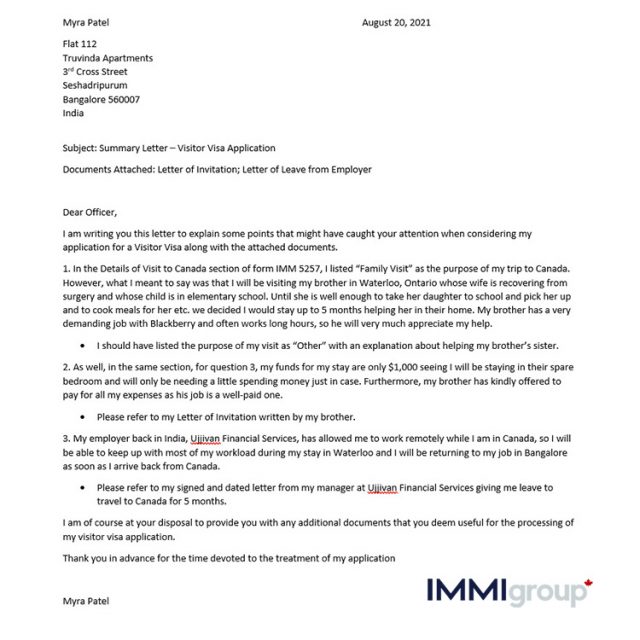 Covering Letter For Visitor Visa Canada Covering Letter For Visitor Visa Canada